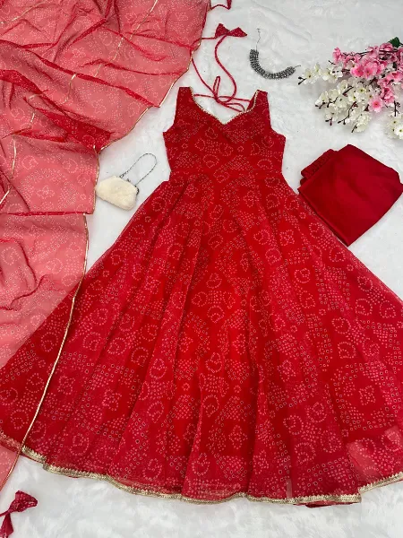 Red Color Gown in Organza With Digital Print and Dupatta Readymade Gown ...