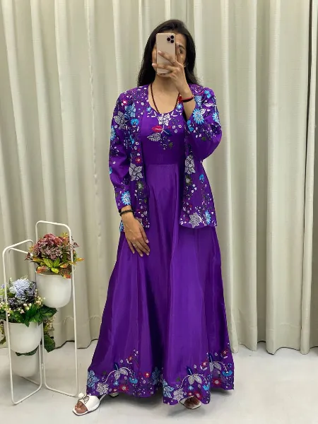 Purple Color Designer Gown in Chinon With Sequence Embroidery and ...