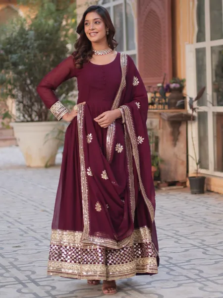 Wine Color Gown in Georgette With Sequence Embroidery and Dupatta ...
