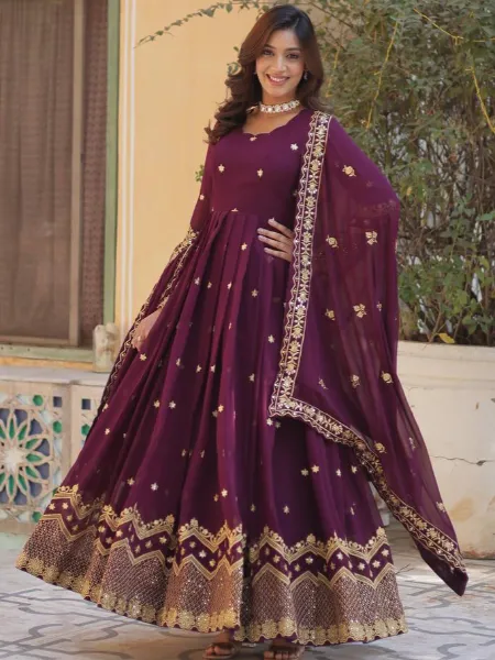 Wine Color Gown in Georgette With Heavy Sequence Embroidery and Dupatta ...