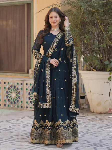 Rama Color Gown in Georgette With Heavy Sequence Embroidery and Dupatta ...