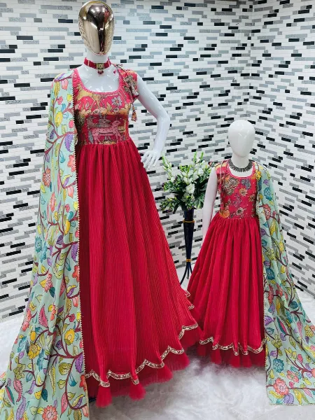 Pink Mother Daughter Anarkali in Chinon Ready to Wear Matching Dress ...