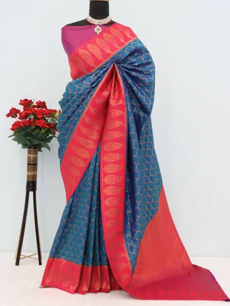 Blue Kanjivaram Saree for Women With Copper Weaving South Indian Saree ...