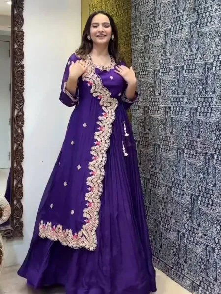 Purple Designer Gown in Georgette With Sequence Embroidery and Foil ...