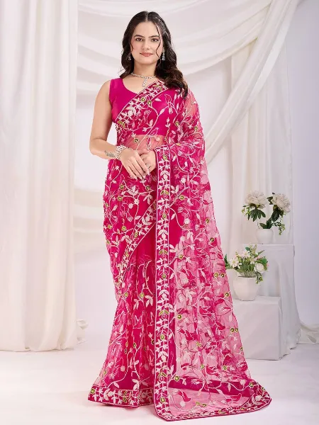 Pink Color Saree in Soft Net With Beautiful Embroidery and Piping Work ...