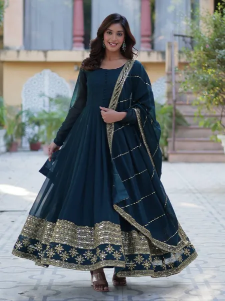 Rama Color Gown in Georgette With Sequence Embroidery Work and Dupatta ...