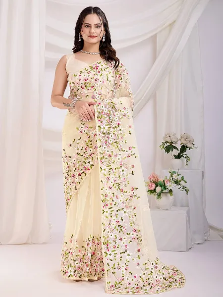 Cream Color Soft Net Saree With Beautiful Embroidery and Piping With ...