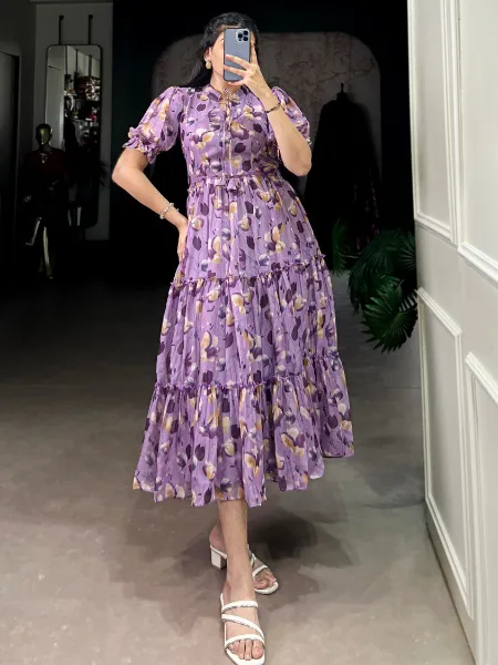 Purple Frock in Tabby Silk With Print Collar Neck and 6.50 Meter Big ...