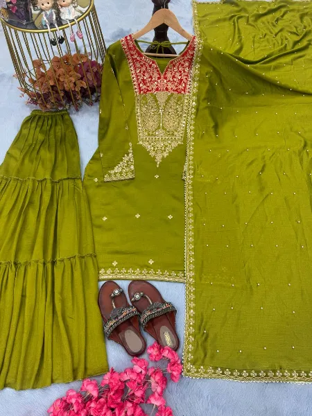 Parrot Color Top Palazzo Suit With Dupatta in Vichitra With Sequence ...