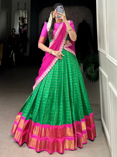 Green Color Pavadai Dhavani in Zari Chex With Weaving Ready to Wear ...