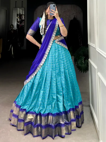 Blue Color Pavadai Dhavani in Zari Chex With Weaving Ready to Wear Half ...