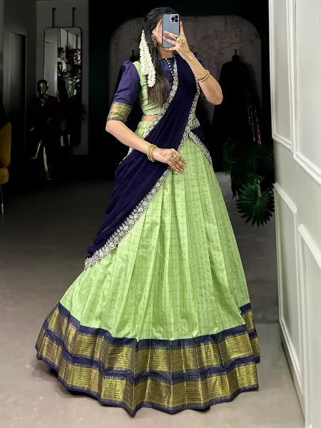 Pista Color Pavadai Dhavani in Zari Chex With Weaving Ready to Wear ...