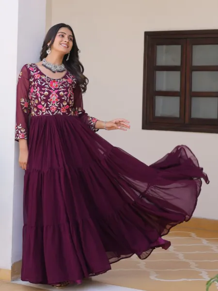 Wine Color Gown in Georgette With Sequence and Embroidery 7.50 Meter ...