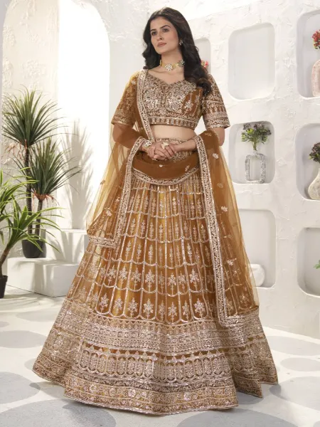 Designer Bridal Lehenga Choli in Golden Color Soft Net With Sequence ...