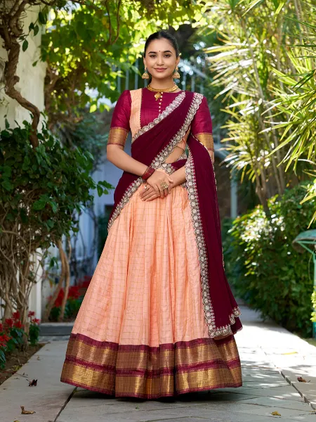 Peach Color Pavadai Dhavani in Zari Chex With Weaving Ready to Wear ...