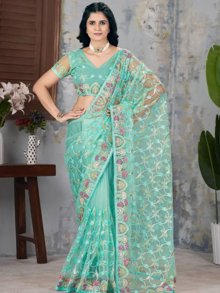 Sky Color Saree in Butterfly Net With Embroidery and Foil Multi Thread ...
