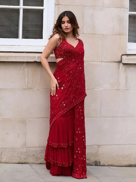 Rasha Thadani Saree in Red Georgette With Embroidery and Real Mirror ...