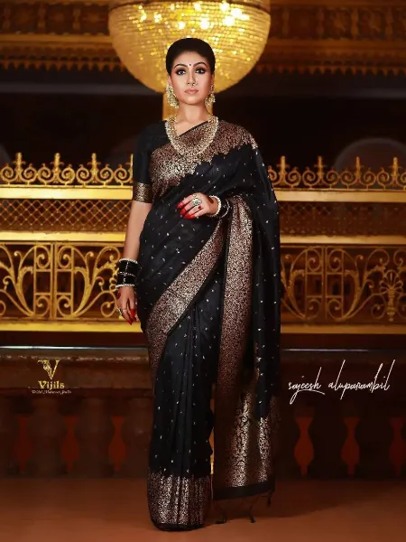 Nayanthara Saree In Black Soft Lichi Silk With Weaving Butti South ...