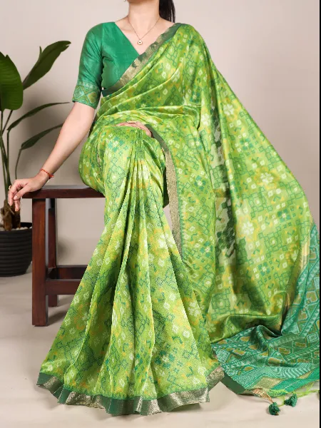 Parrot Color Saree in Jacquard Silk With Patola Print and Zari Weaving ...