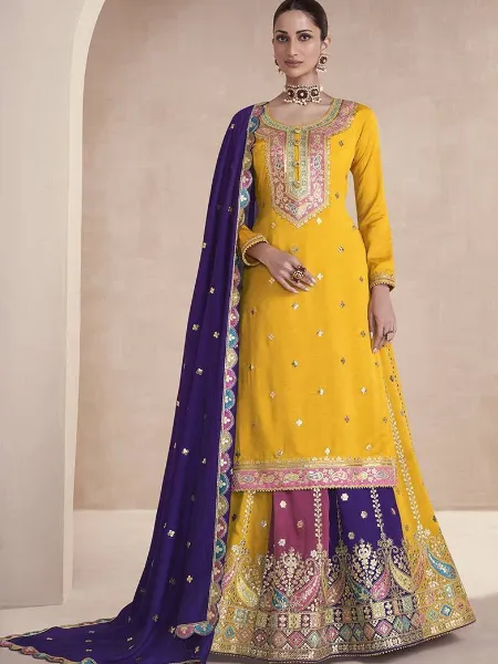 Yellow Indian Ethnic Wear Indo Western With Dupatta and Embroidery Work ...