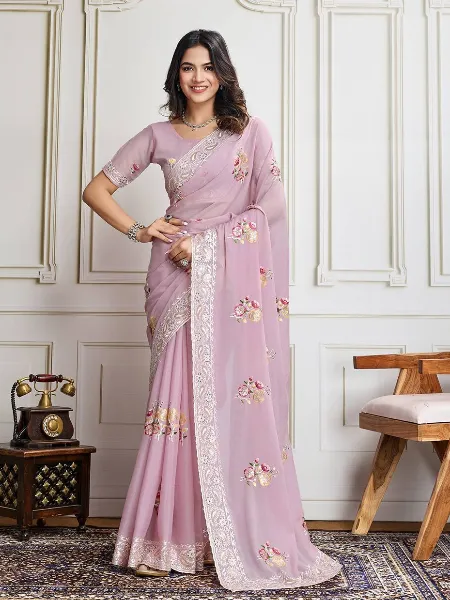 Light Pink Saree in Georgette With Sequence Embroidery Work Wedding ...