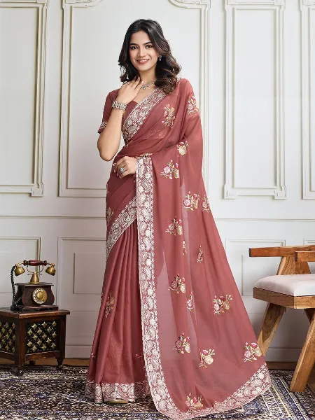 Brown Saree in Georgette With Sequence Embroidery Work Wedding Saree in ...