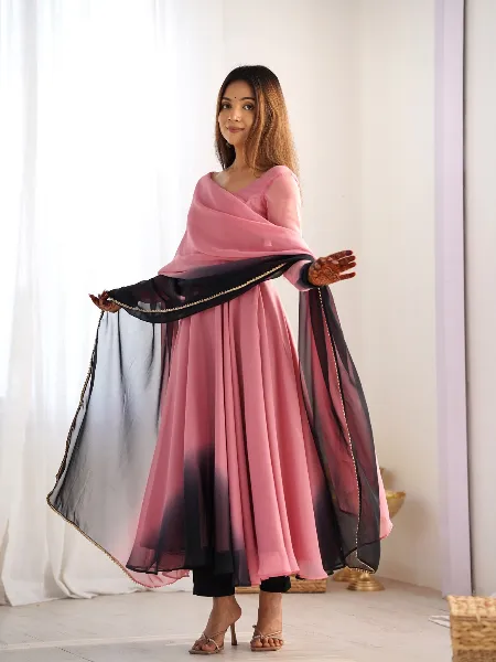 Onion Color Georgette Anarkali With Lace Dupatta Padding Color Anarkali ...