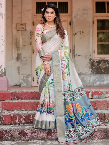 Ivory Tussar Silk Saree With Traditional Print and Weaving Border ...