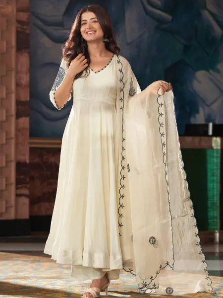 Off White Color Anarkali Dress in Georgette With Embroidery And Real ...