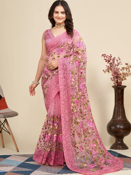 Pink Color Soft Net Saree With Beautiful Embroidery Design And Blouse ...