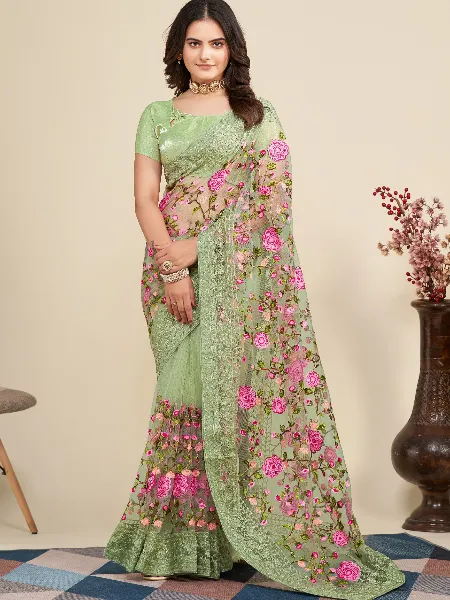 Pista Color Soft Net Saree With Beautiful Embroidery Design And Blouse ...