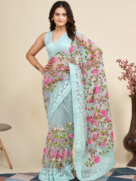 Sky Color Soft Net Saree With Beautiful Embroidery Design And Blouse in ...