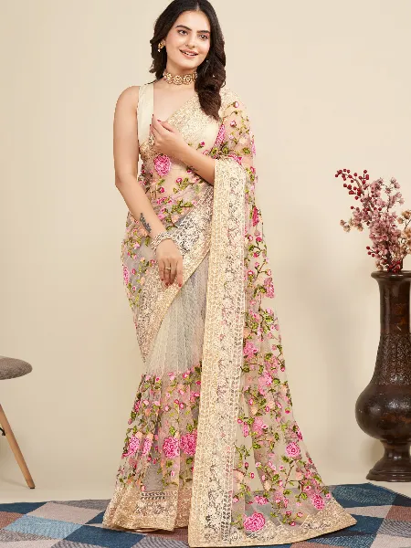 Cream Color Soft Net Saree With Beautiful Embroidery Design And Blouse ...