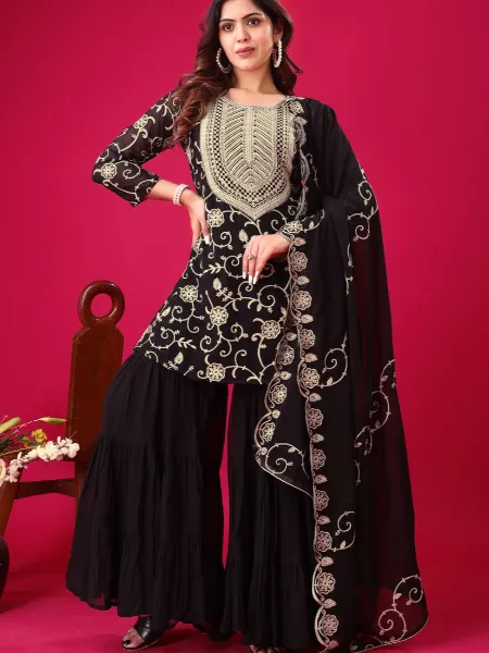 Black Kurta Sharara in Georgette With Embroidery and Dupatta Big Flair Sharara in USA, UK ...