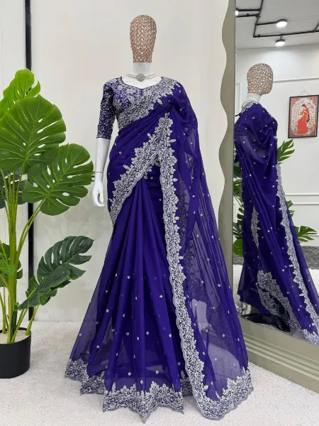 Blue Color Saree in Tibby Silk With Thread And Sequence Wedding Saree ...