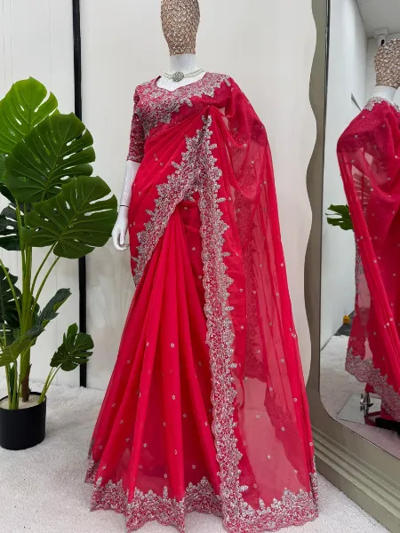 Red Color Saree in Tibby Silk With Thread And Sequence Wedding Saree in ...