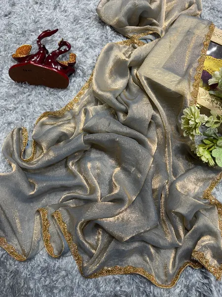 Grey Designer Saree in Frandy crush With Katdana moti lace border in ...