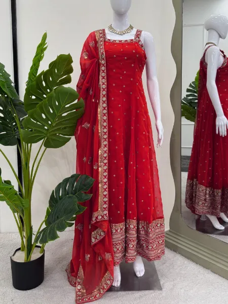 Red Gown in Georgette With Beautiful Sequence Thread Work And Dupatta ...