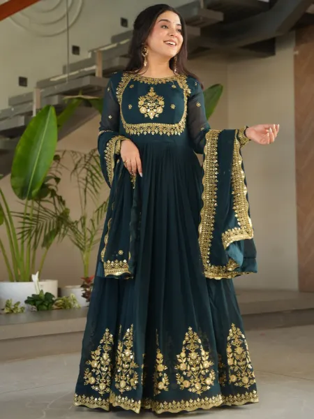 Heavy Designer Gown in Bottle Green Georgette With Sequence Embroidery ...