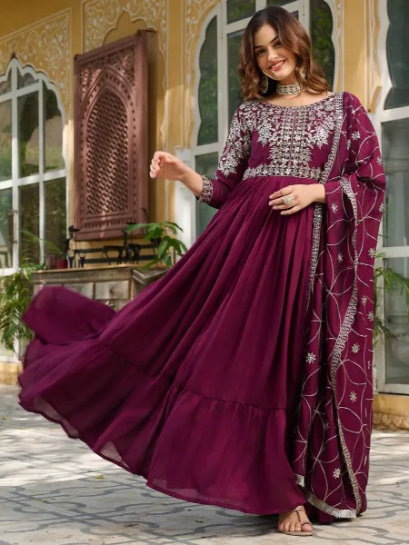 Wine Color Gown in Vichitra Silk With Sequence and Embroidery With ...