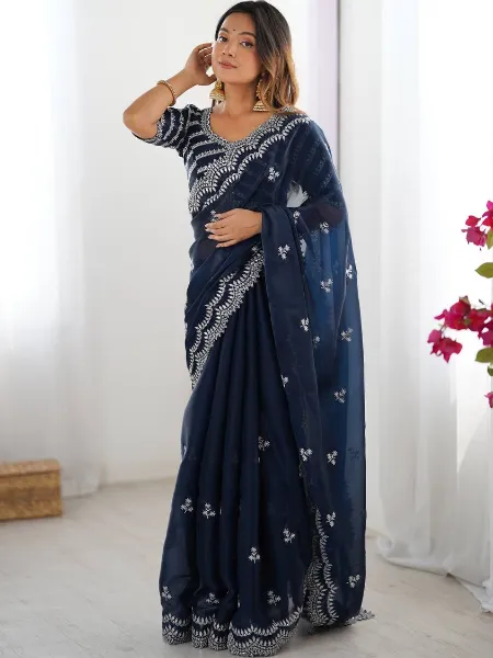 Blue Color Saree in Jimmy Choo With Thread Sequence Work Indian Saree ...