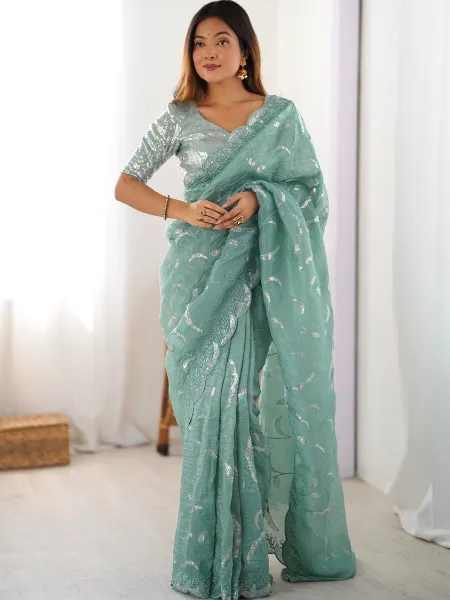 Aqua Color Sequence Saree in Gold Crush Beautiful Thread and Sequence ...