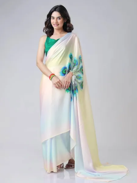 Rainbow Ready to Wear Saree With Peacock Feather Print Free Hand Saree ...