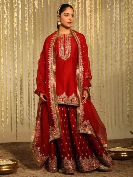 Red Indo Western in Chinon Silk With Sequence Thread Work and Dupatta ...