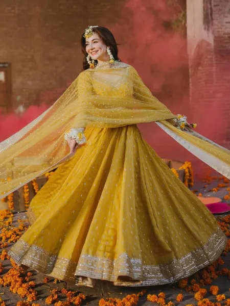 Yellow Anarkali in Chinon With Sequence Embroidery Work and Dupatta in ...